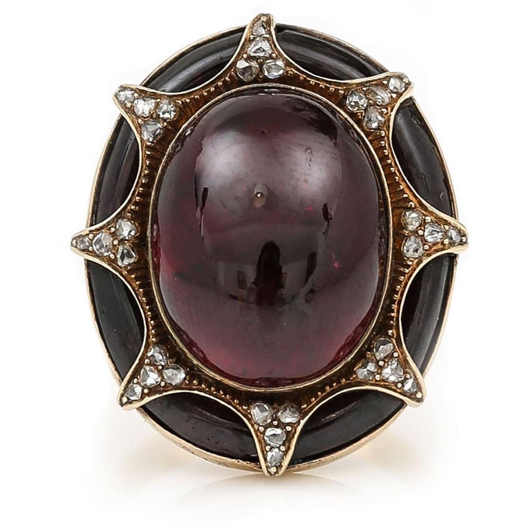 Large Victorian 18ct Gold Cabochon Garnet and Diamond Ring, Circa 1860 ...