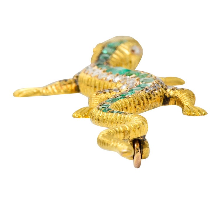 Large Victorian 3.36 Carat Emerald Diamond 18 Karat Gold Lizard Brooch ...