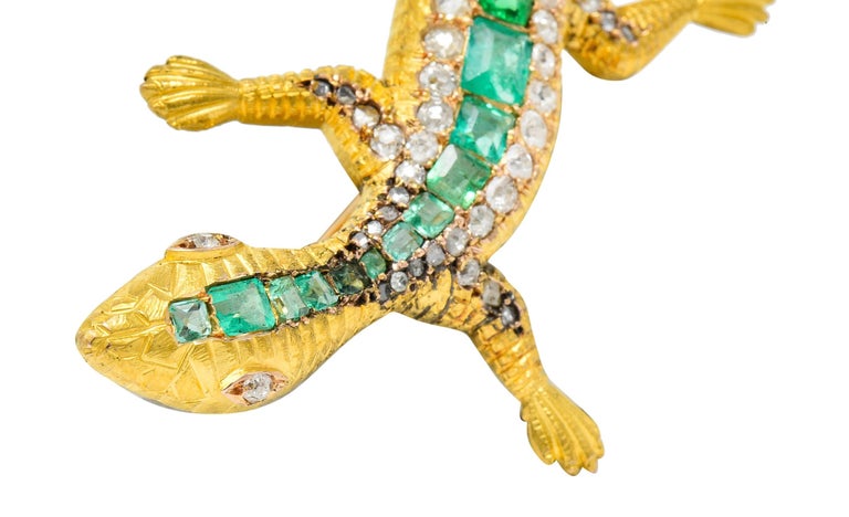 Large Victorian 3.36 Carat Emerald Diamond 18 Karat Gold Lizard Brooch ...