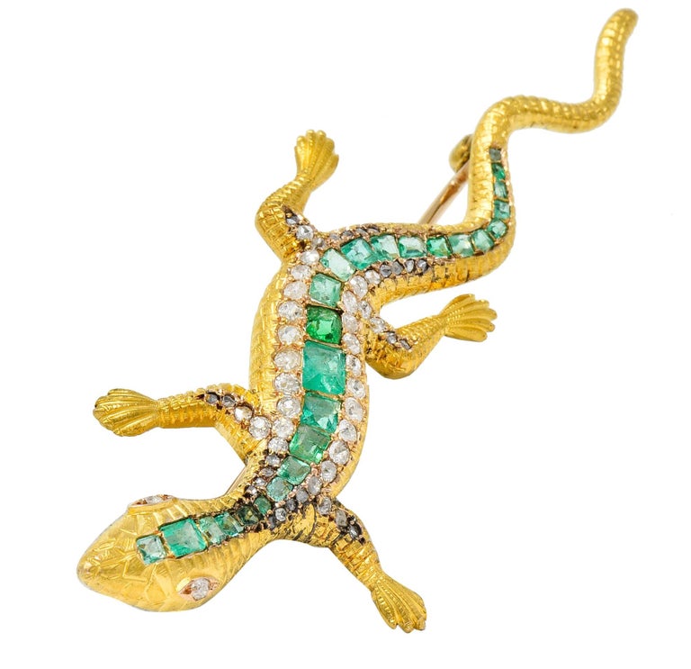 Large Victorian 3.36 Carat Emerald Diamond 18 Karat Gold Lizard Brooch ...