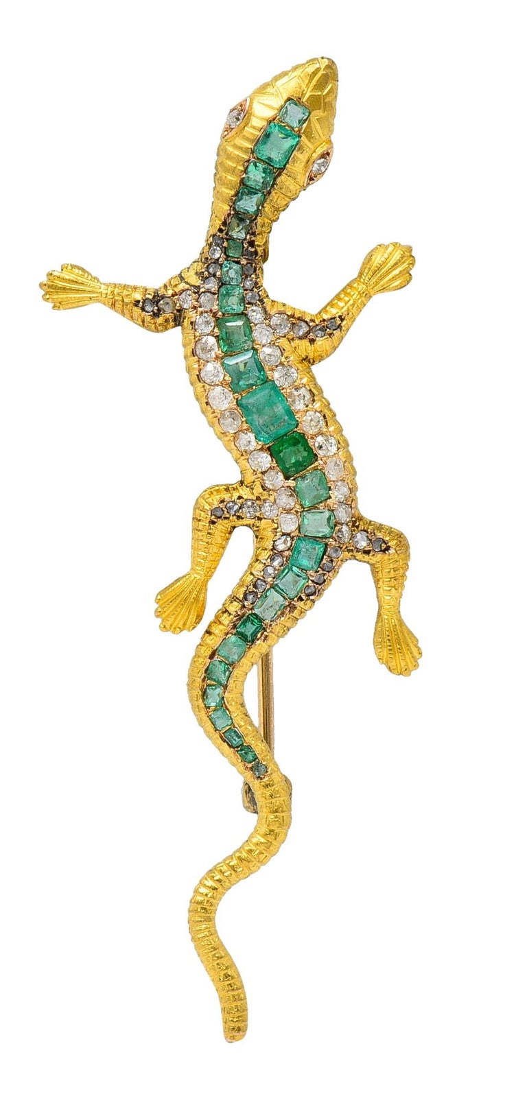 Large Victorian 3.36 Carat Emerald Diamond 18 Karat Gold Lizard Brooch ...