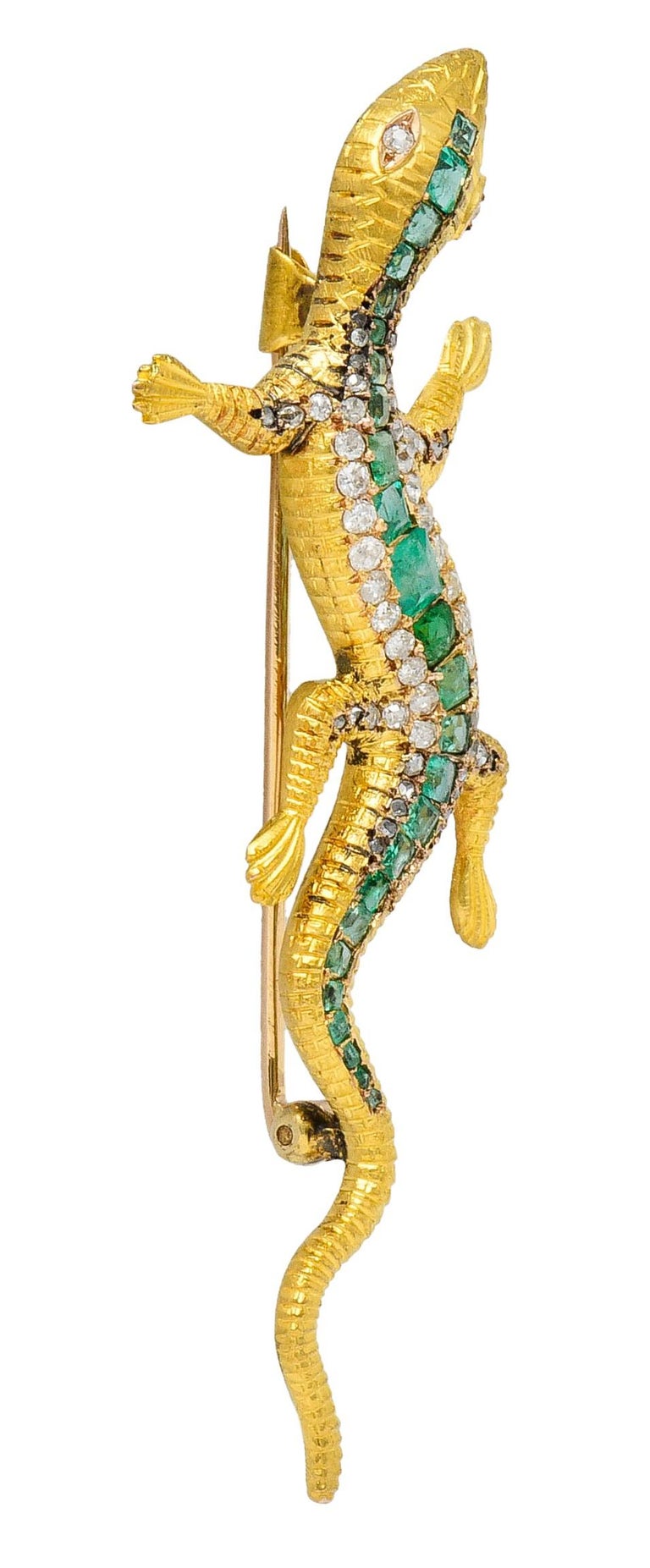 Large Victorian 3.36 Carat Emerald Diamond 18 Karat Gold Lizard Brooch ...