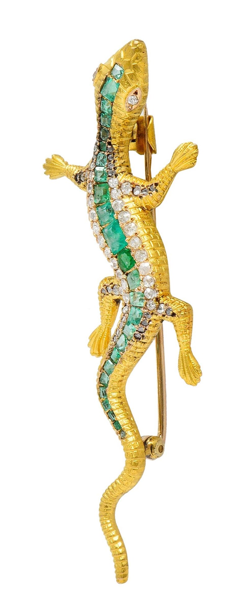 Large Victorian 3.36 Carat Emerald Diamond 18 Karat Gold Lizard Brooch ...