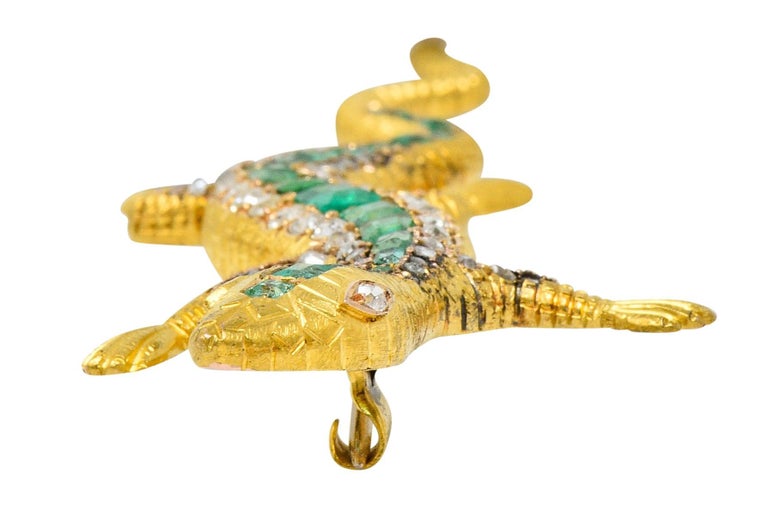 Large Victorian 3.36 Carat Emerald Diamond 18 Karat Gold Lizard Brooch ...