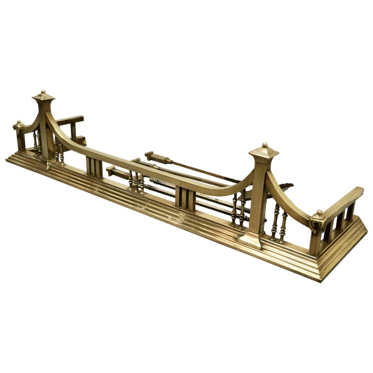 Large Victorian Arts and Crafts Brass Fender and Tools For Sale at 1stDibs