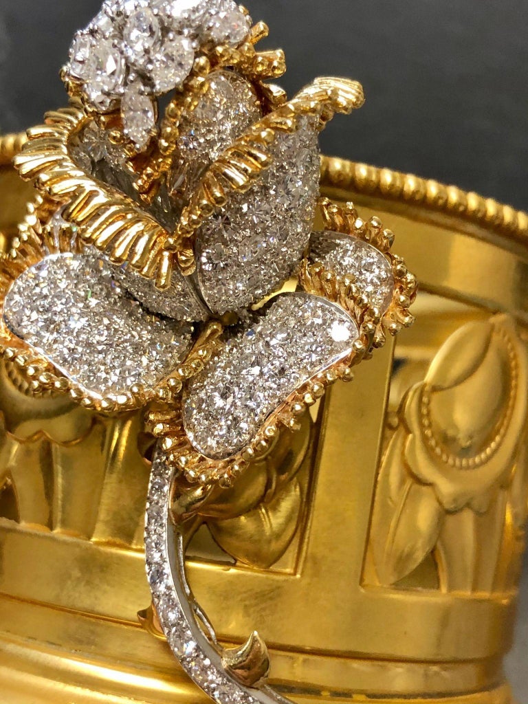 Large Vintage 18K and Platinum Diamond Rose Flower Brooch For Sale at ...