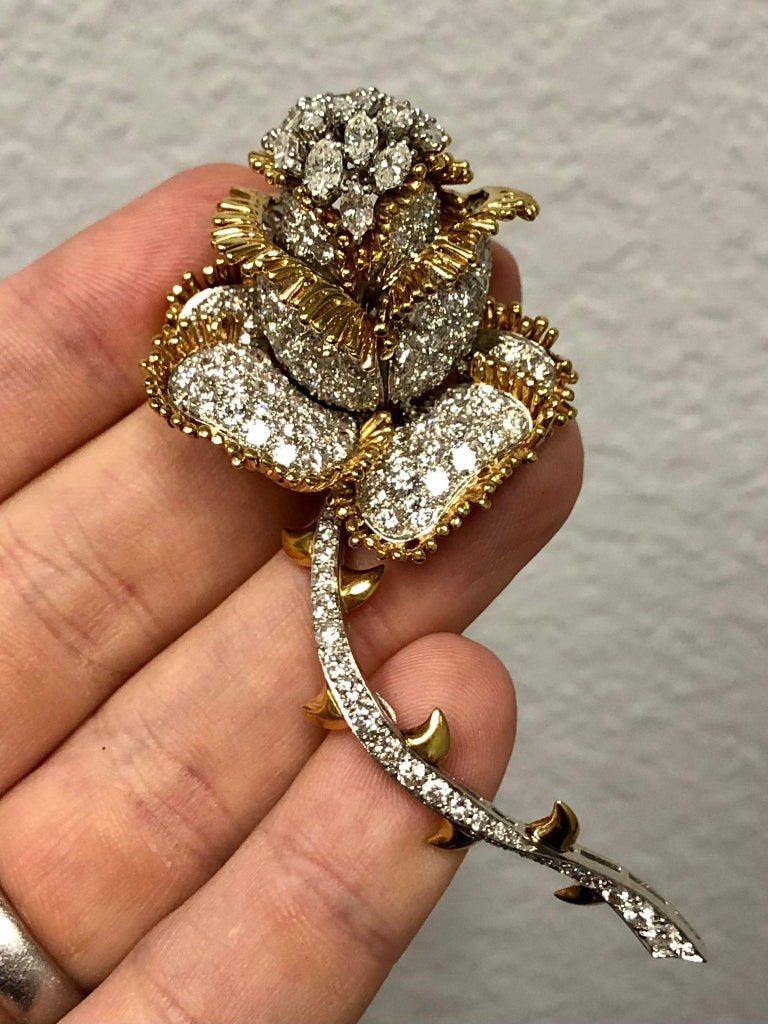 Large Vintage 18K and Platinum Diamond Rose Flower Brooch For Sale at ...