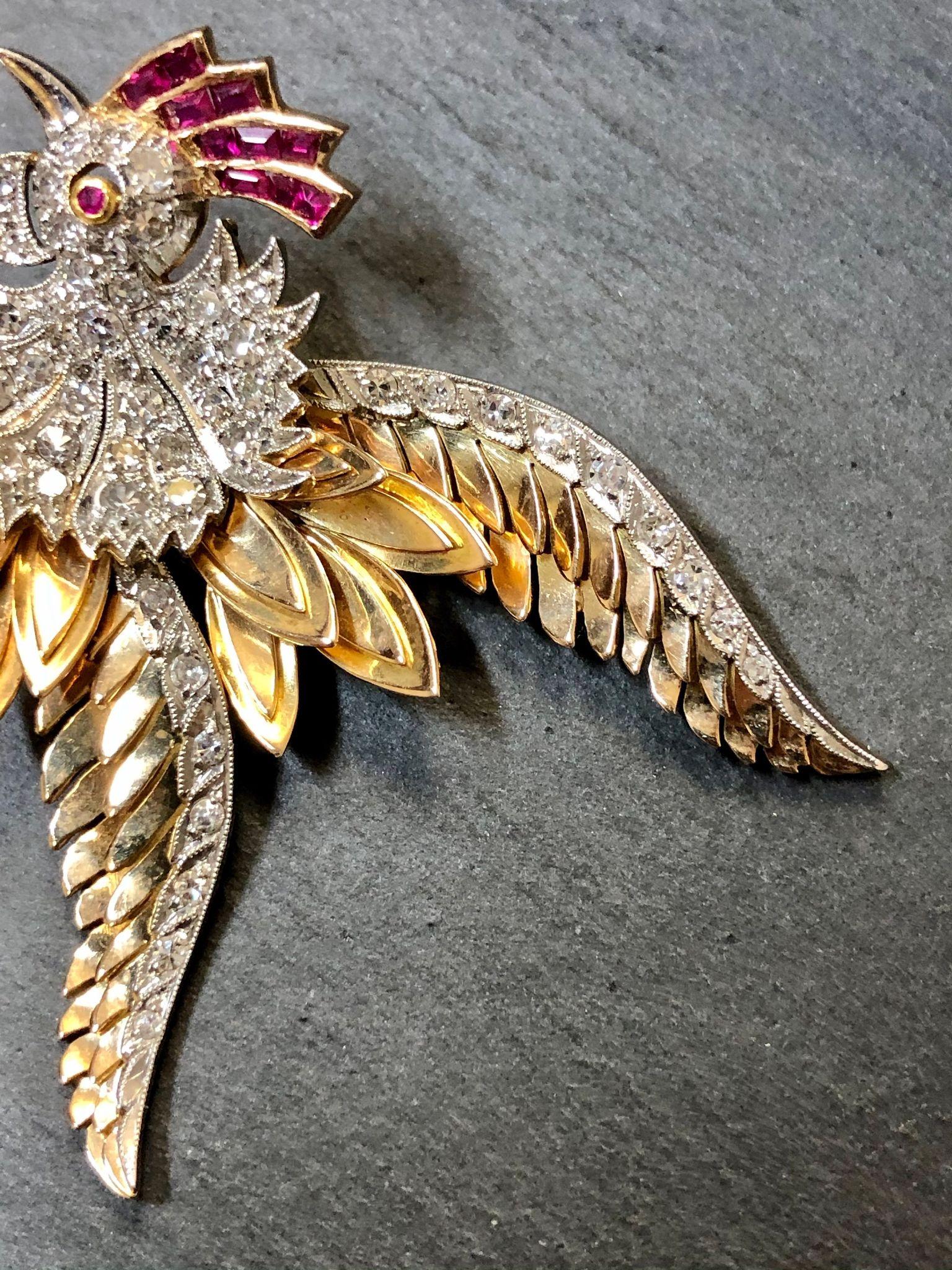 Large Vintage 1940’s 18K Ruby Diamond Rooster Brooch at 1stDibs