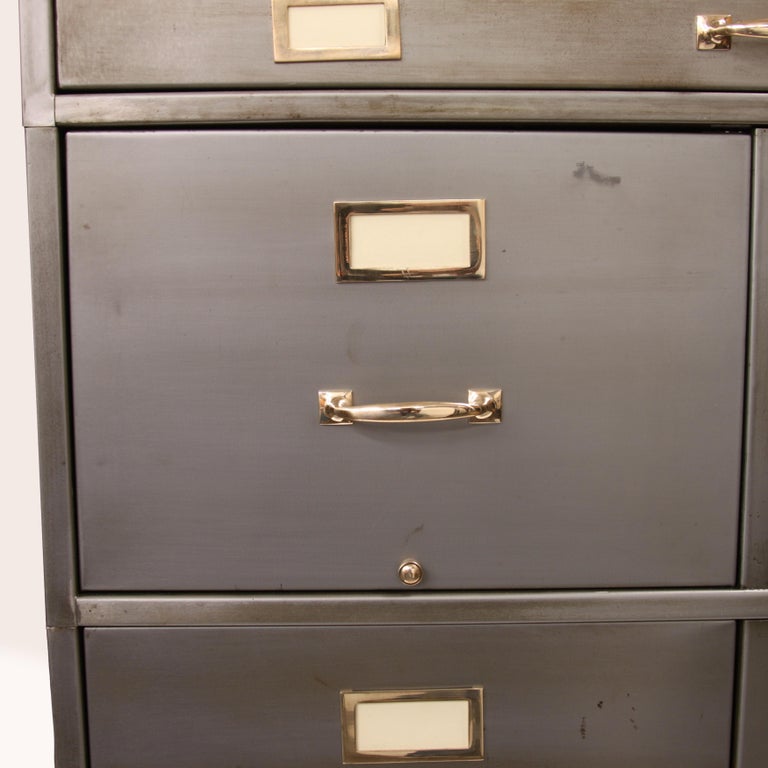 Large Vintage 1940s Steel and Brass Industrial Metal File Cabinet with ...