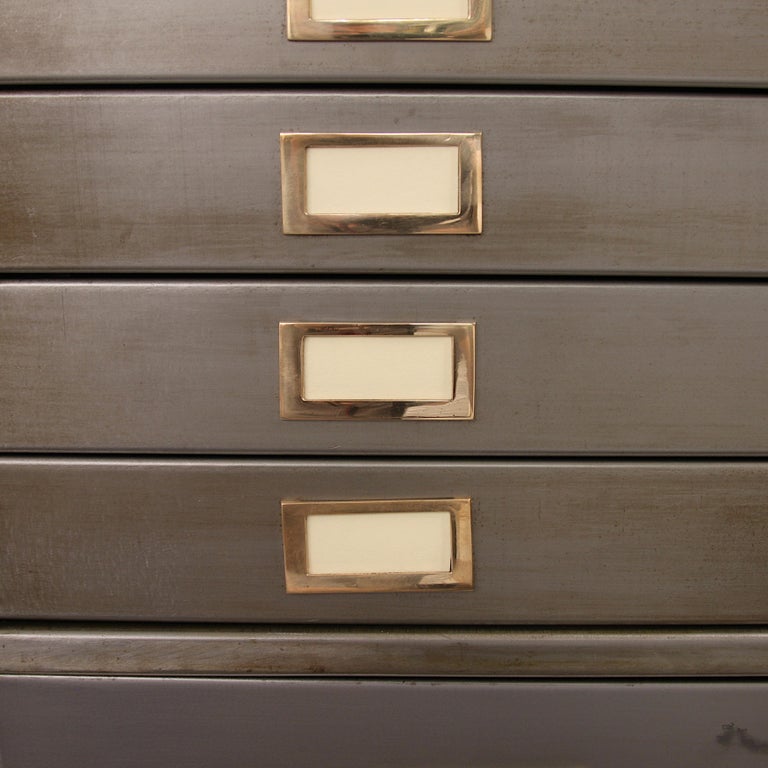 Large Vintage 1940s Steel and Brass Industrial Metal File Cabinet with ...