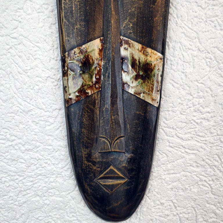 Large Vintage 2, 6 Ft Tall African Tribal Hand Carved Wood Wall Masks ...