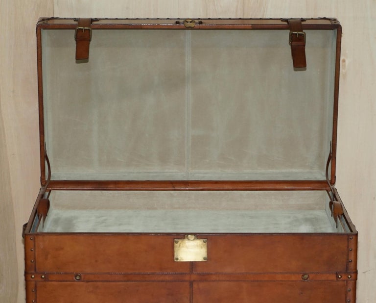 Large Vintage Age Brown Leather Bound Steamer Linen Trunk with Velvet ...