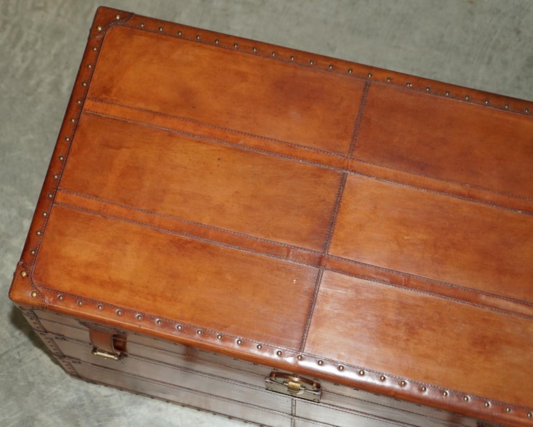 Large Vintage Age Brown Leather Bound Steamer Linen Trunk with Velvet ...