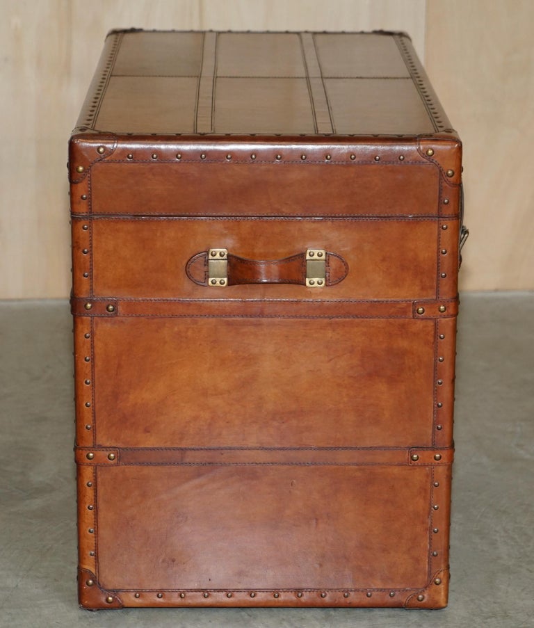 Large Vintage Age Brown Leather Bound Steamer Linen Trunk with Velvet ...