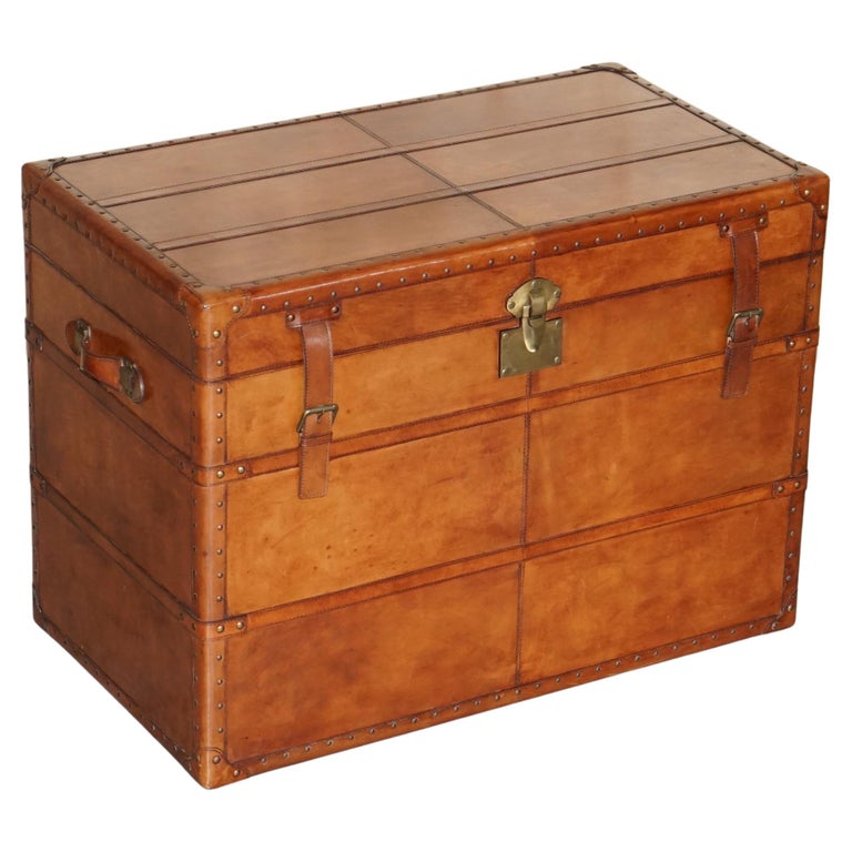 Large Vintage Age Brown Leather Bound Steamer Linen Trunk with Velvet ...