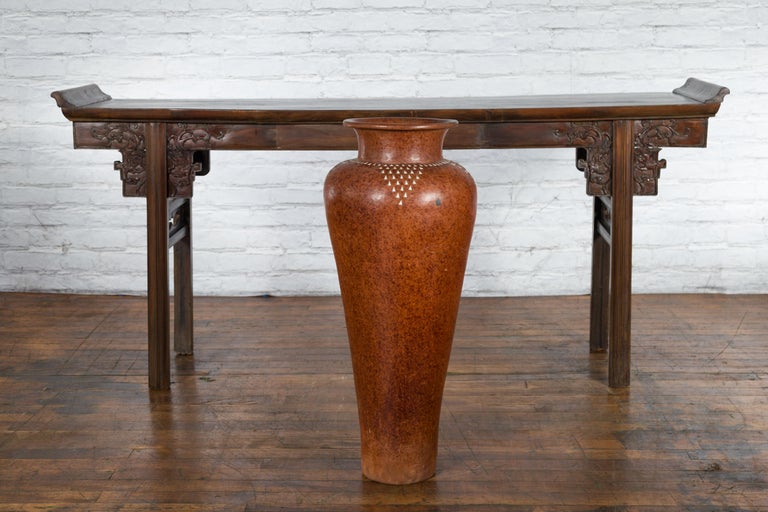 Large Vintage Asian Handcrafted Vase with White Inlaid Triangular ...