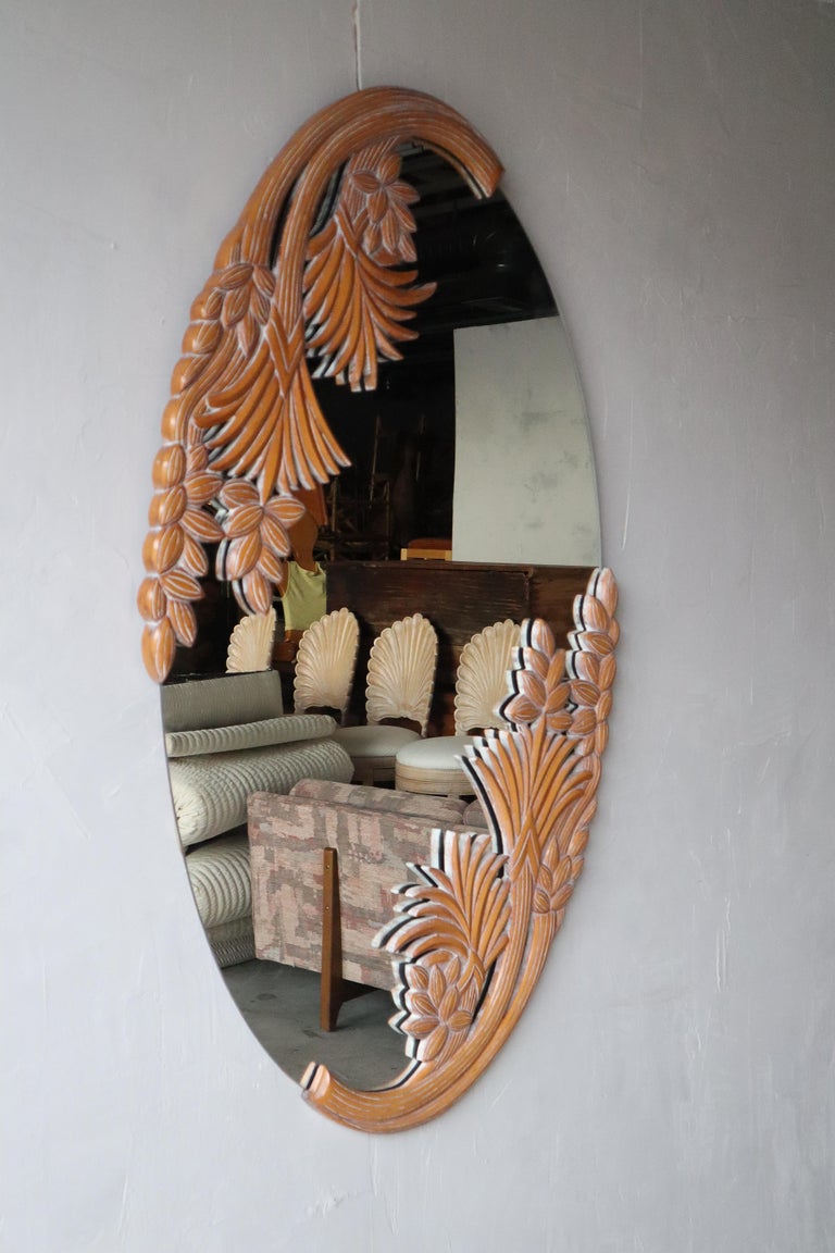 Large Vintage Carved Wood Botanical Wall Mirror For Sale at 1stDibs