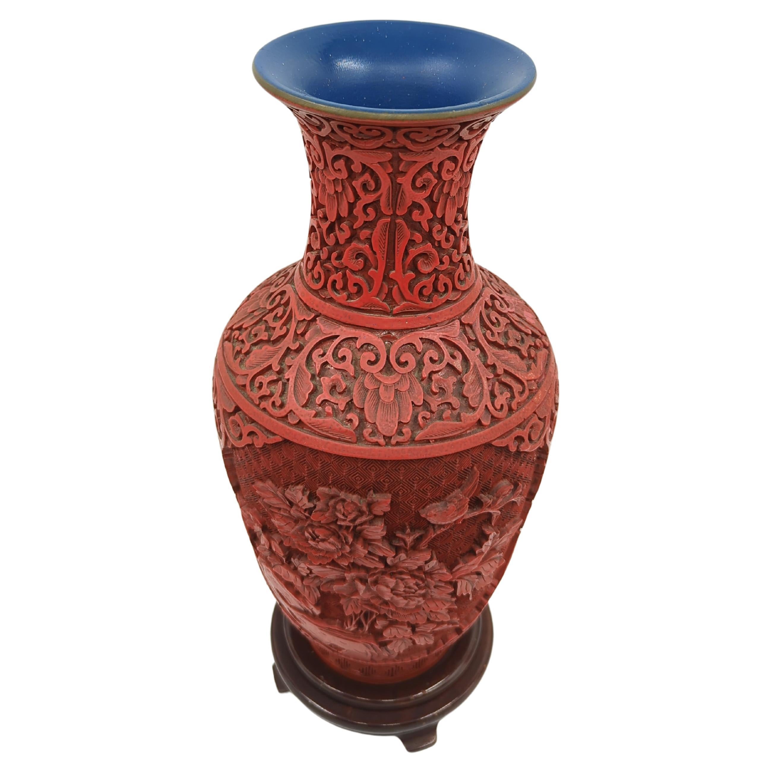 Large Vintage Chinese Carved Cinnabar Lacquer Style Vase on Stand Mid ...