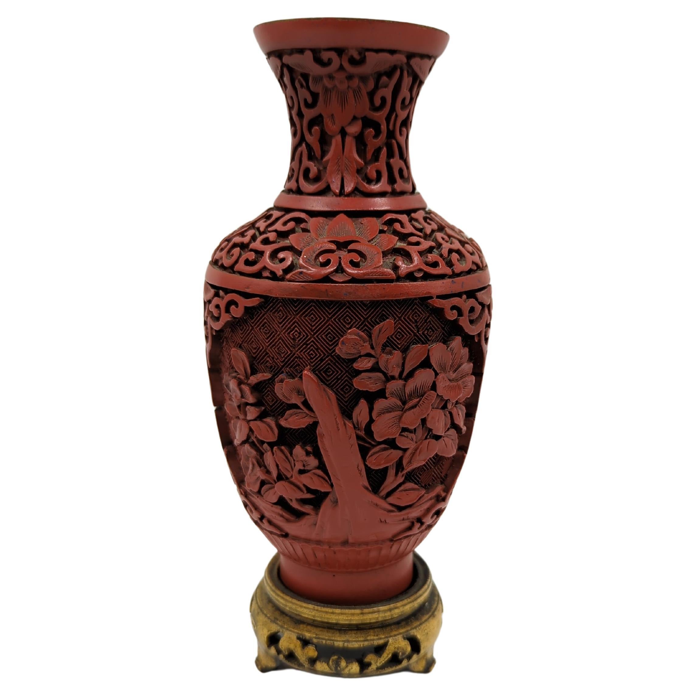 Small Vintage Chinese Carved Cinnabar Lacquer Style Vase on Stand Mid ...