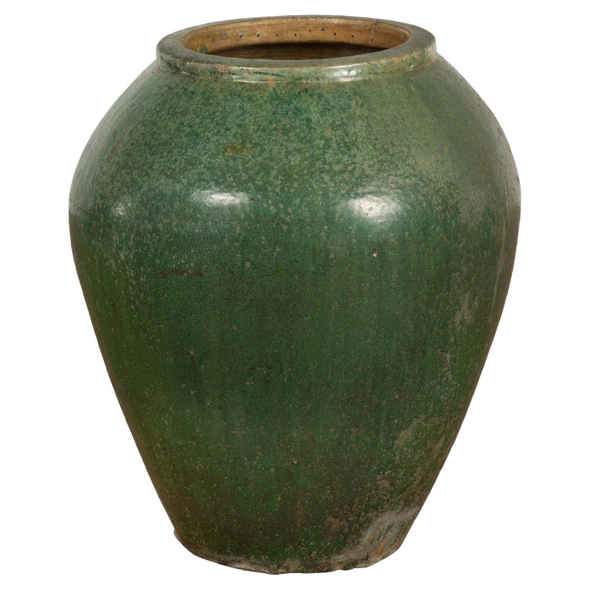 Large Vintage Chinese Green Glazed Ceramic Planter with Tapering Lines ...