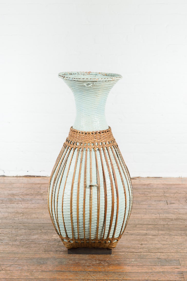 Large Vintage Chinese Woven Rattan Basket of Teal and Natural Color on ...