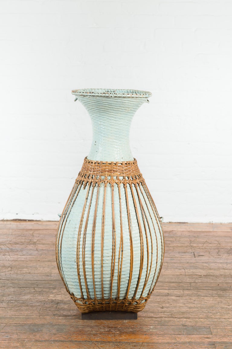 Large Vintage Chinese Woven Rattan Basket of Teal and Natural Color on ...