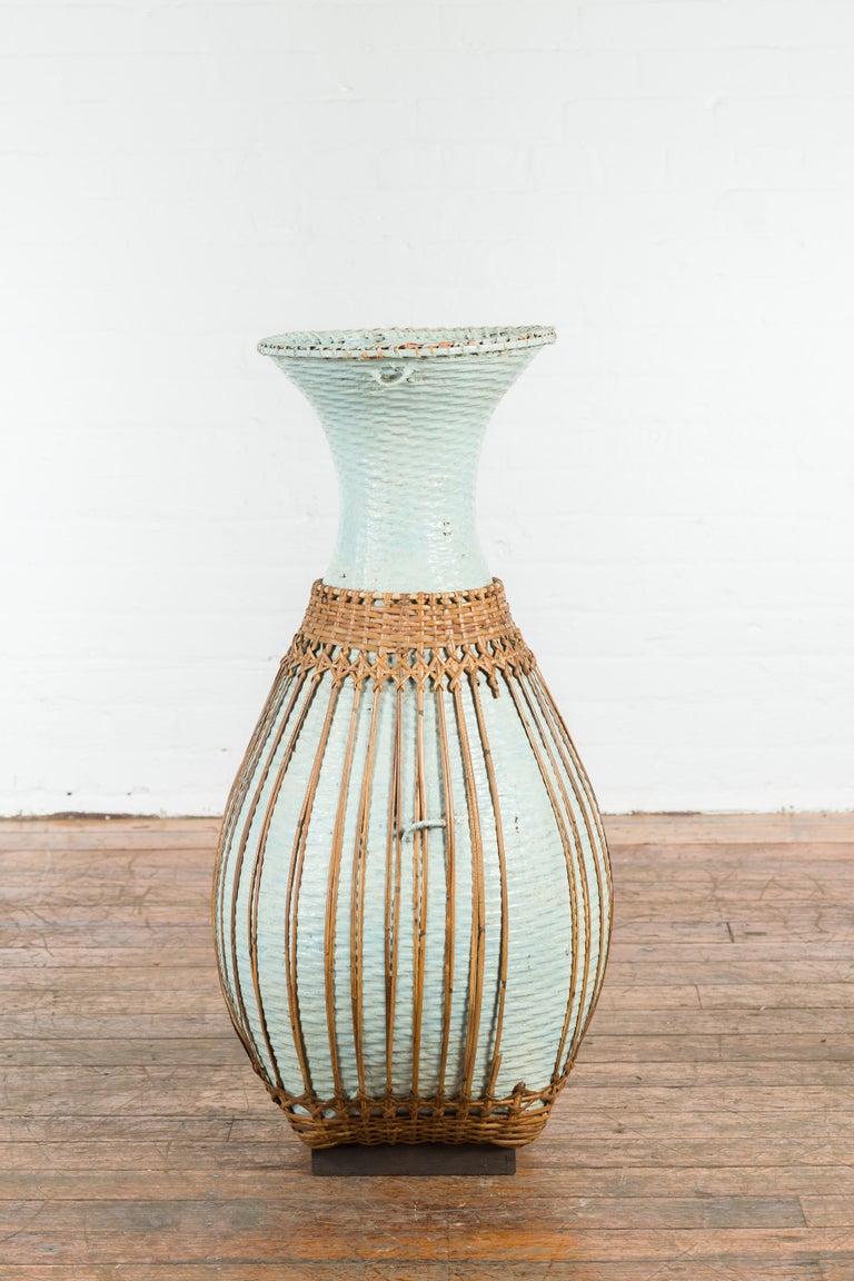 Large Vintage Chinese Woven Rattan Basket of Teal and Natural Color on ...