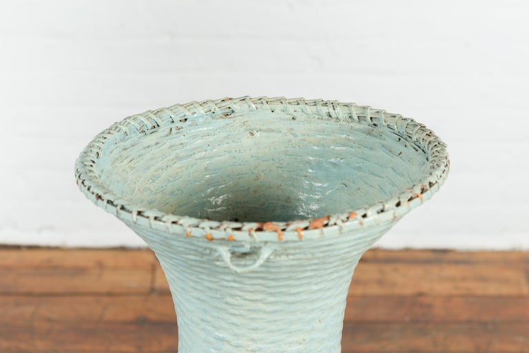 Large Vintage Chinese Woven Rattan Basket of Teal and Natural Color on ...