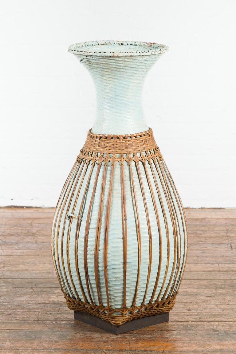 Large Vintage Chinese Woven Rattan Basket of Teal and Natural Color on ...