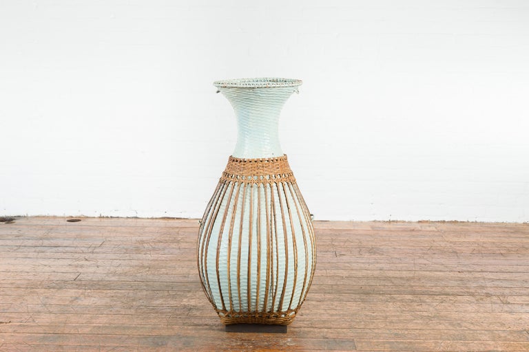 Large Vintage Chinese Woven Rattan Basket of Teal and Natural Color on ...