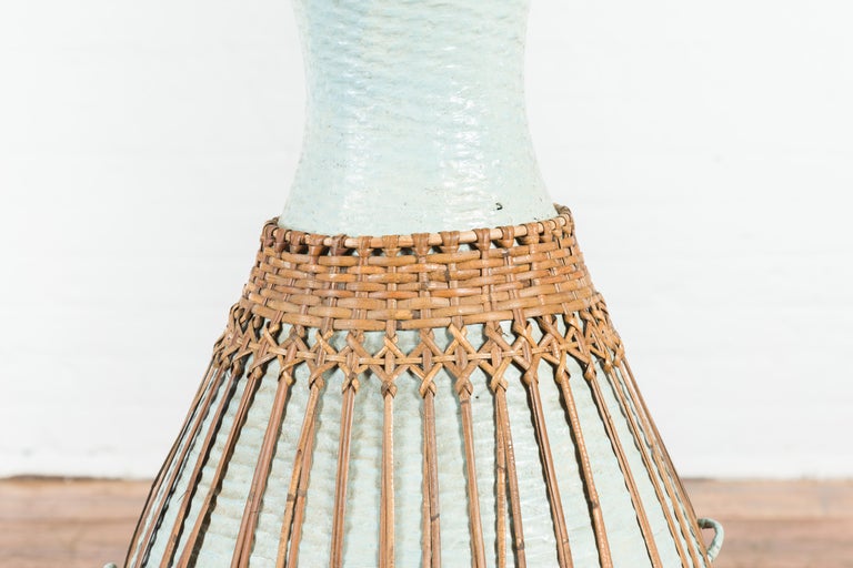 Large Vintage Chinese Woven Rattan Basket of Teal and Natural Color on ...