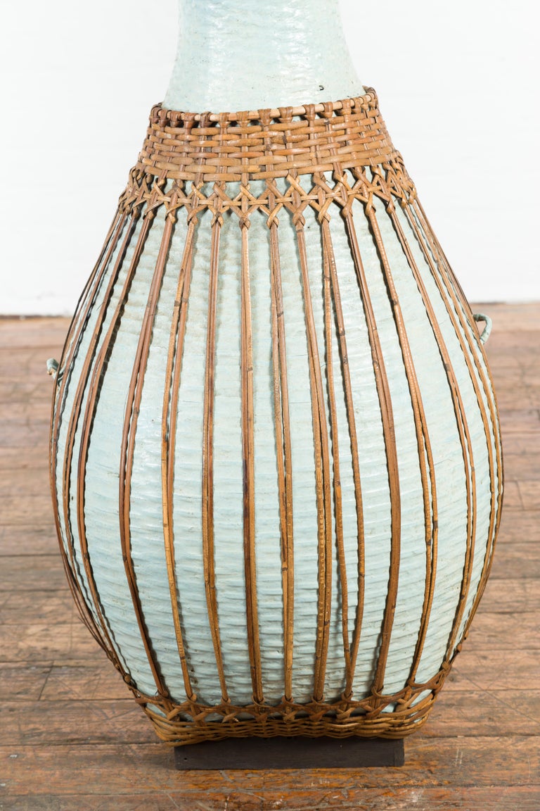 Large Vintage Chinese Woven Rattan Basket of Teal and Natural Color on ...