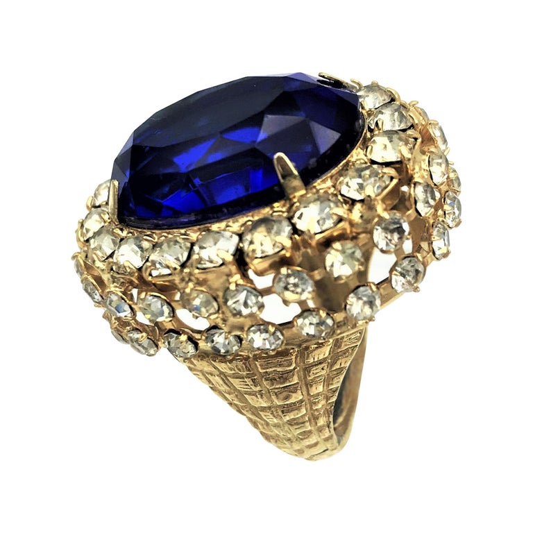 Large vintage Cocktail Ring blue rhinestone and clear rhinestones 1950s ...