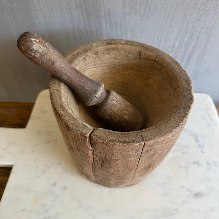 Large Vintage Decorative Wood Mortar and Pestle Bowl For Sale at 1stDibs
