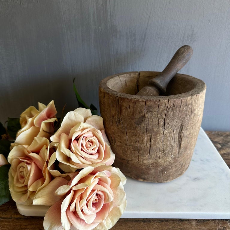 Large Vintage Decorative Wood Mortar and Pestle Bowl For Sale at 1stDibs
