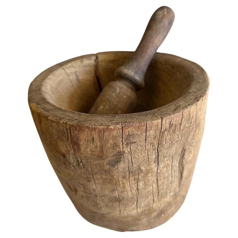 Large Vintage Decorative Wood Mortar and Pestle Bowl For Sale at 1stDibs