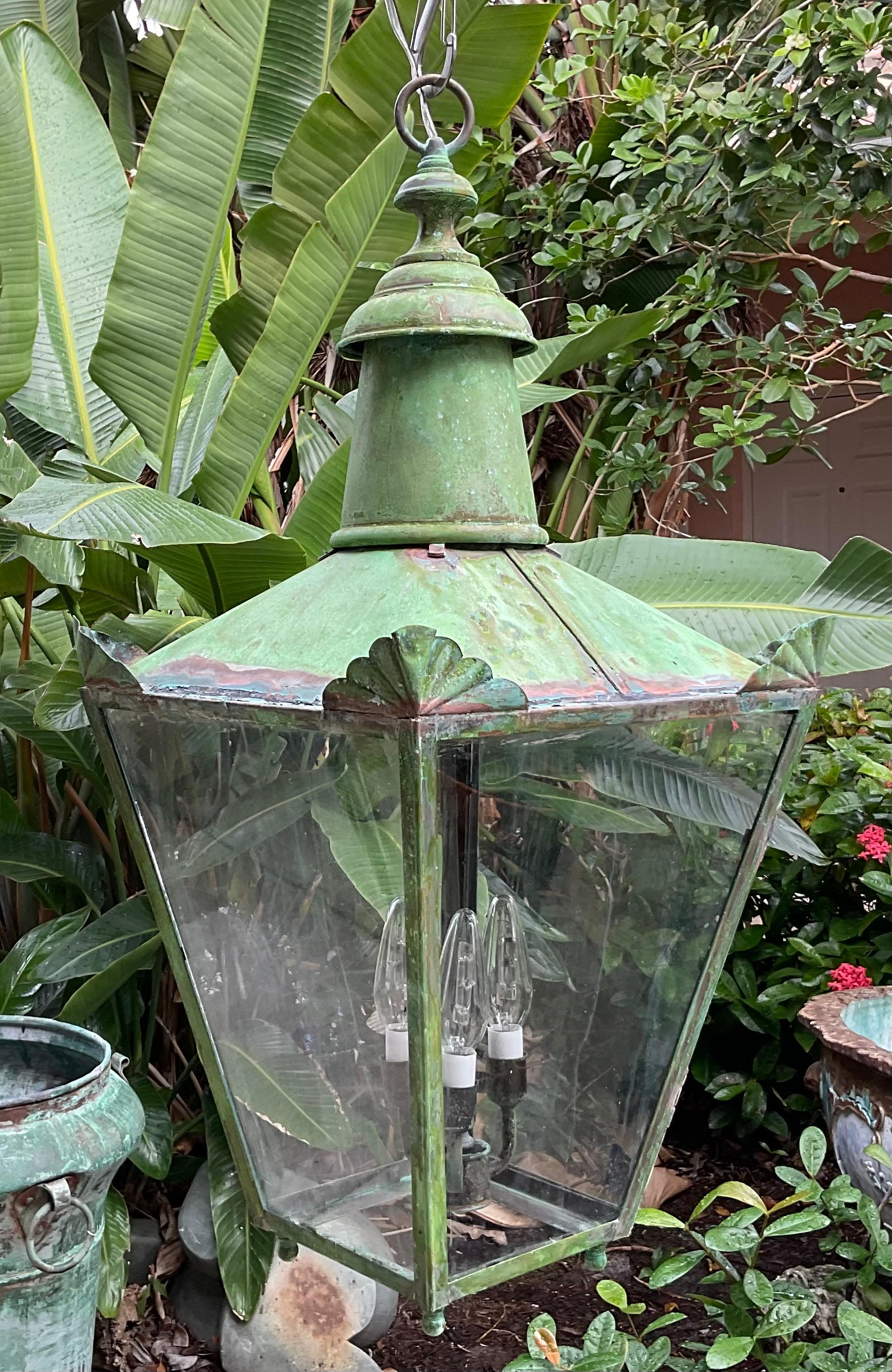 Large Vintage Four-Sides Hanging Brass Lantern For Sale at 1stDibs