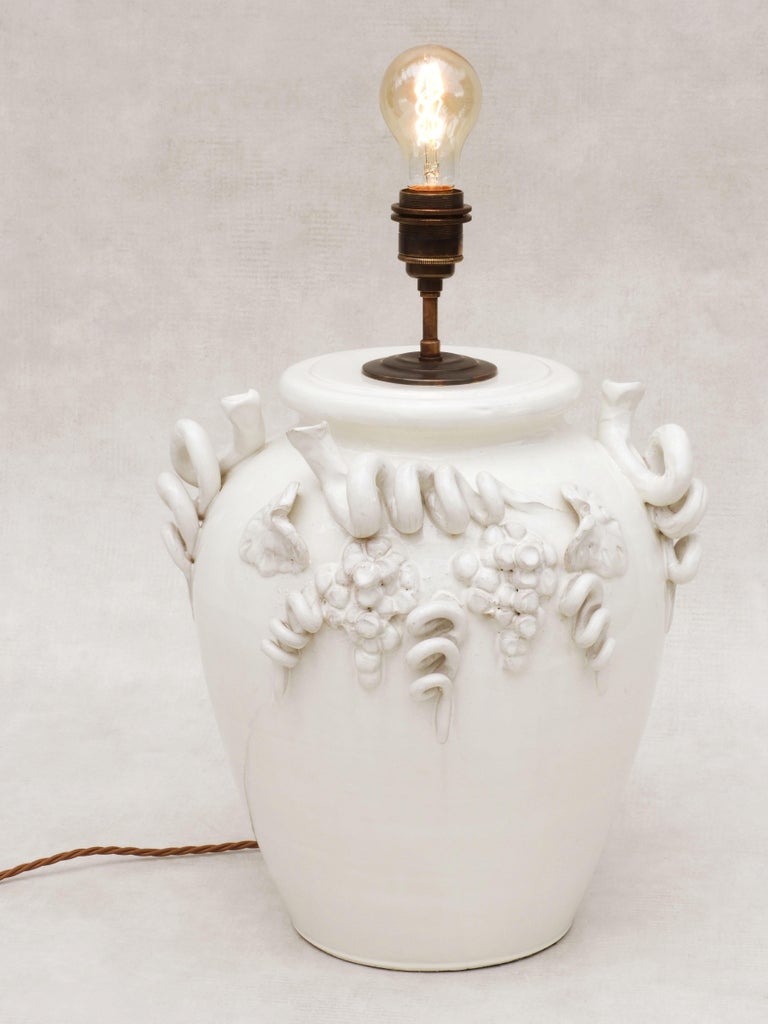Large Vintage French Vine Themed White Glazed Terracotta Table Lamp For ...
