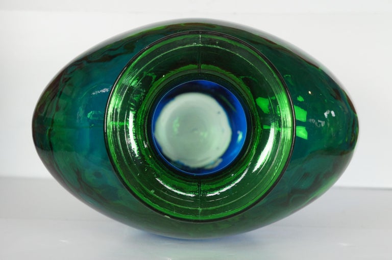 Large Vintage Hand Blown Art Glass Two Tone Blue Green Bottle Vase For
