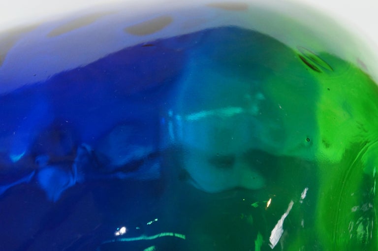 Large Vintage Hand Blown Art Glass Two Tone Blue Green Bottle Vase For