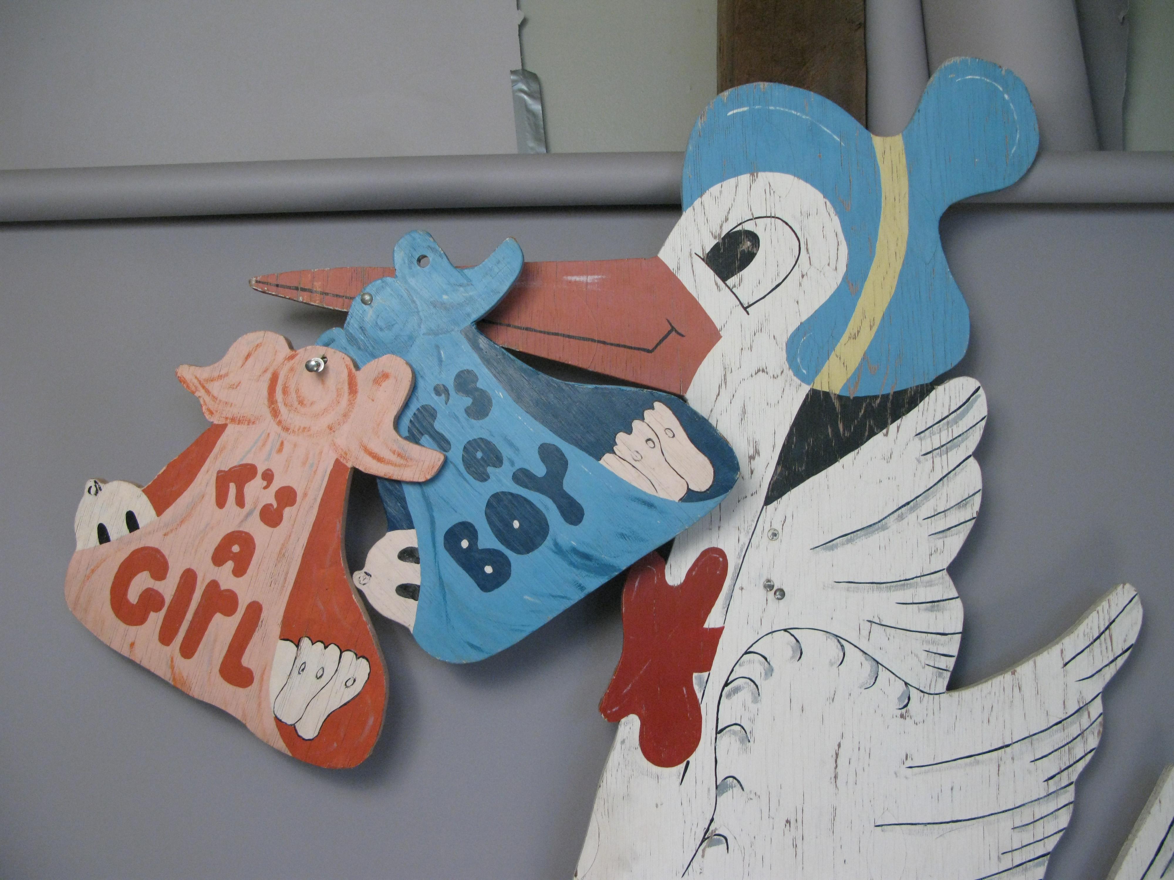 Large Vintage Hand Painted Stork Sign For Sale at 1stDibs