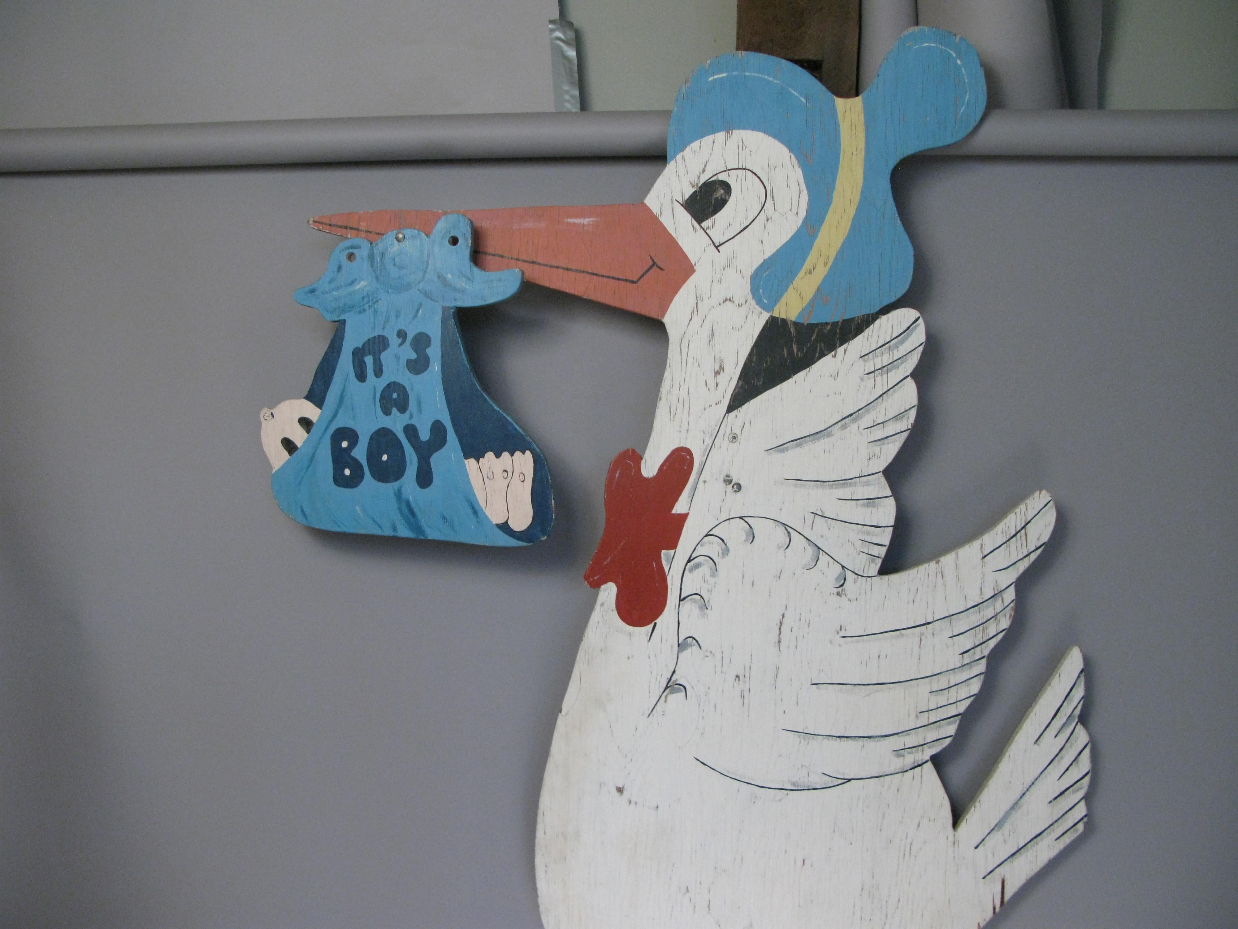 Large Vintage Hand Painted Stork Sign For Sale at 1stDibs