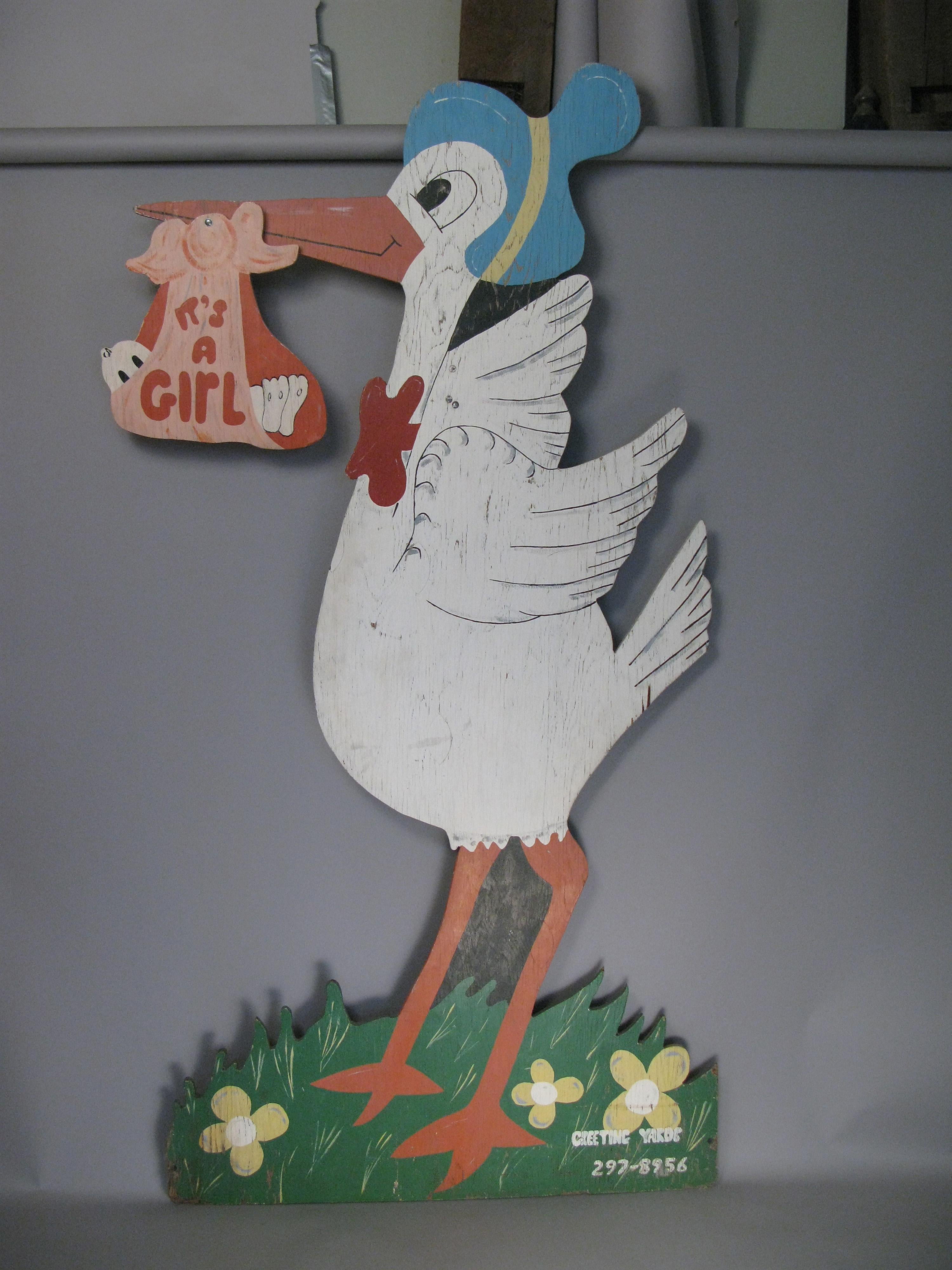 Large Vintage Hand Painted Stork Sign For Sale at 1stDibs
