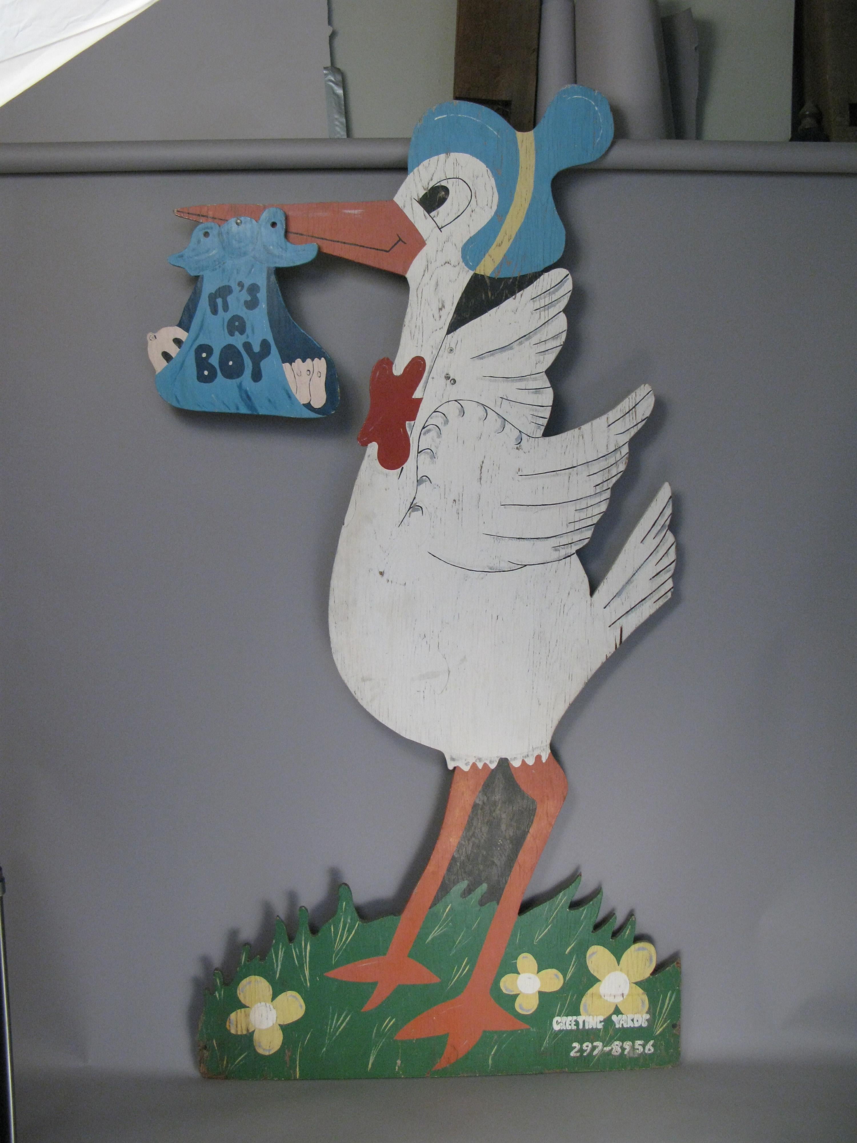 Large Vintage Hand Painted Stork Sign For Sale at 1stDibs