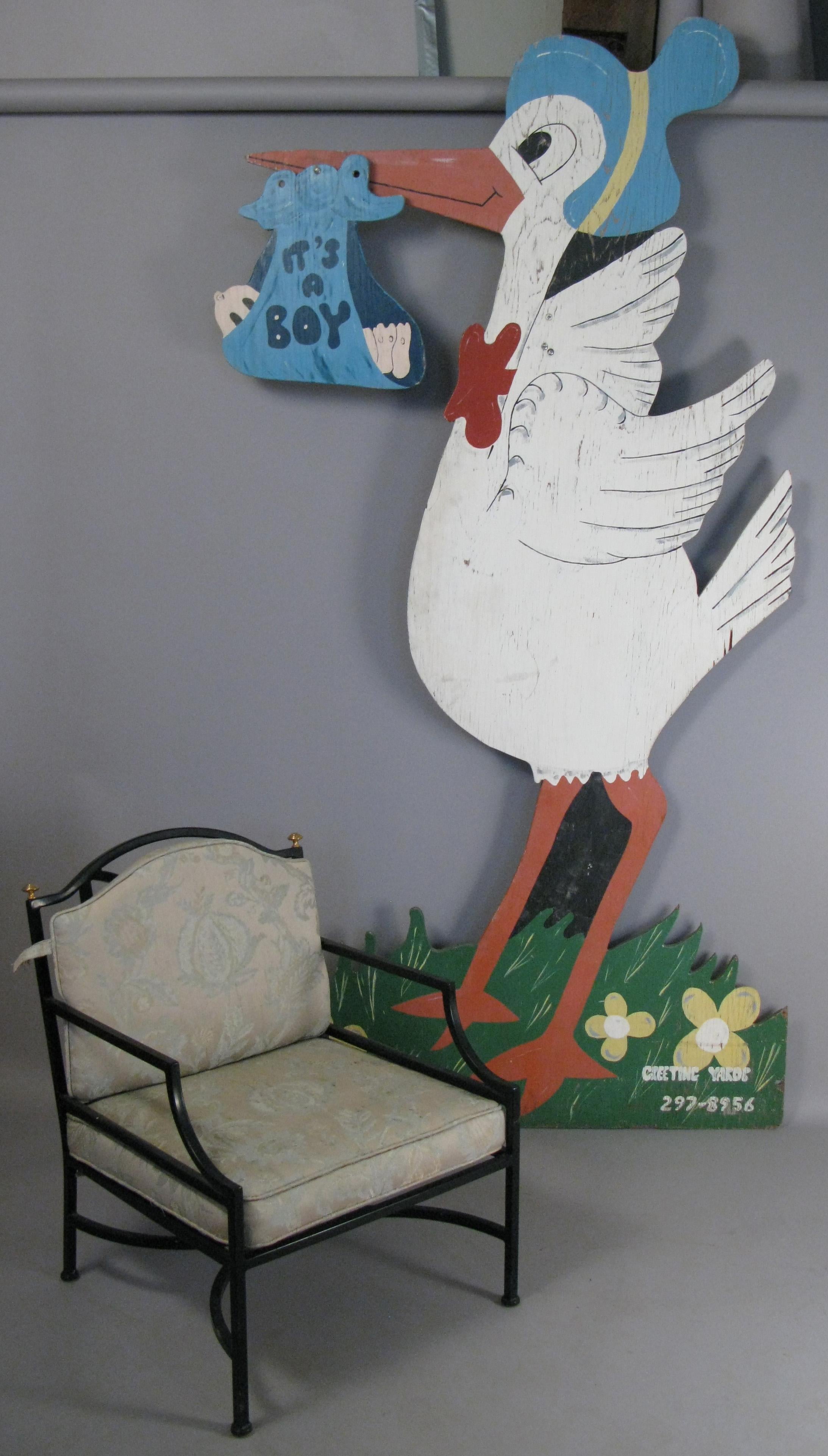 Large Vintage Hand Painted Stork Sign For Sale at 1stDibs