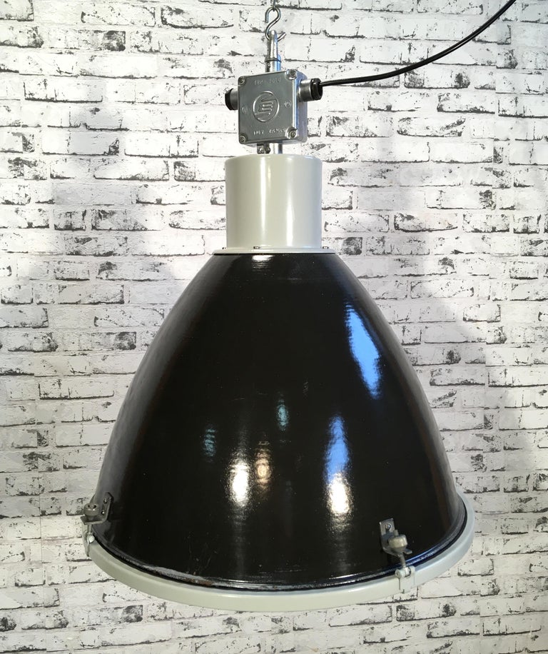 Large Vintage Industrial Black Enamel Factory Lamp with Glass Cover at ...