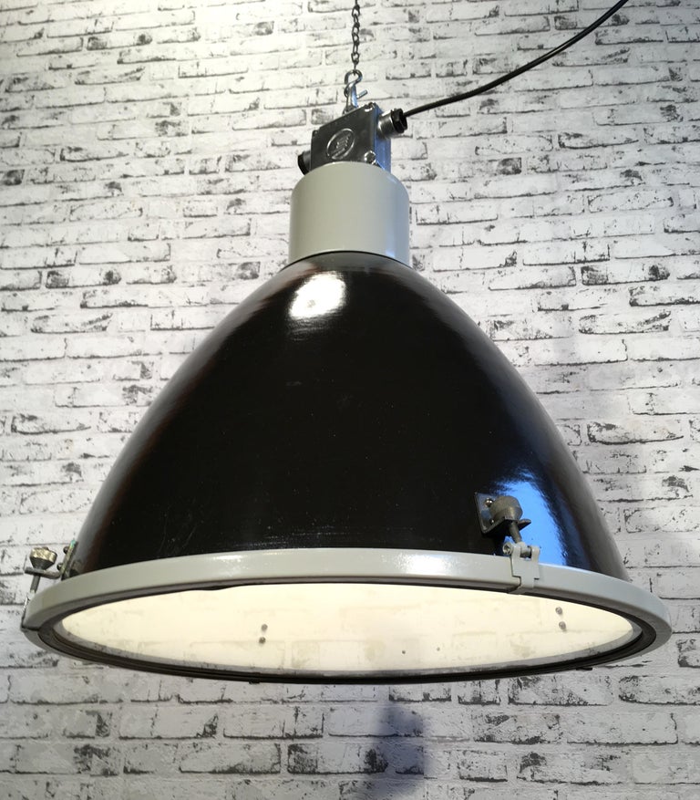 Large Vintage Industrial Black Enamel Factory Lamp with Glass Cover at ...