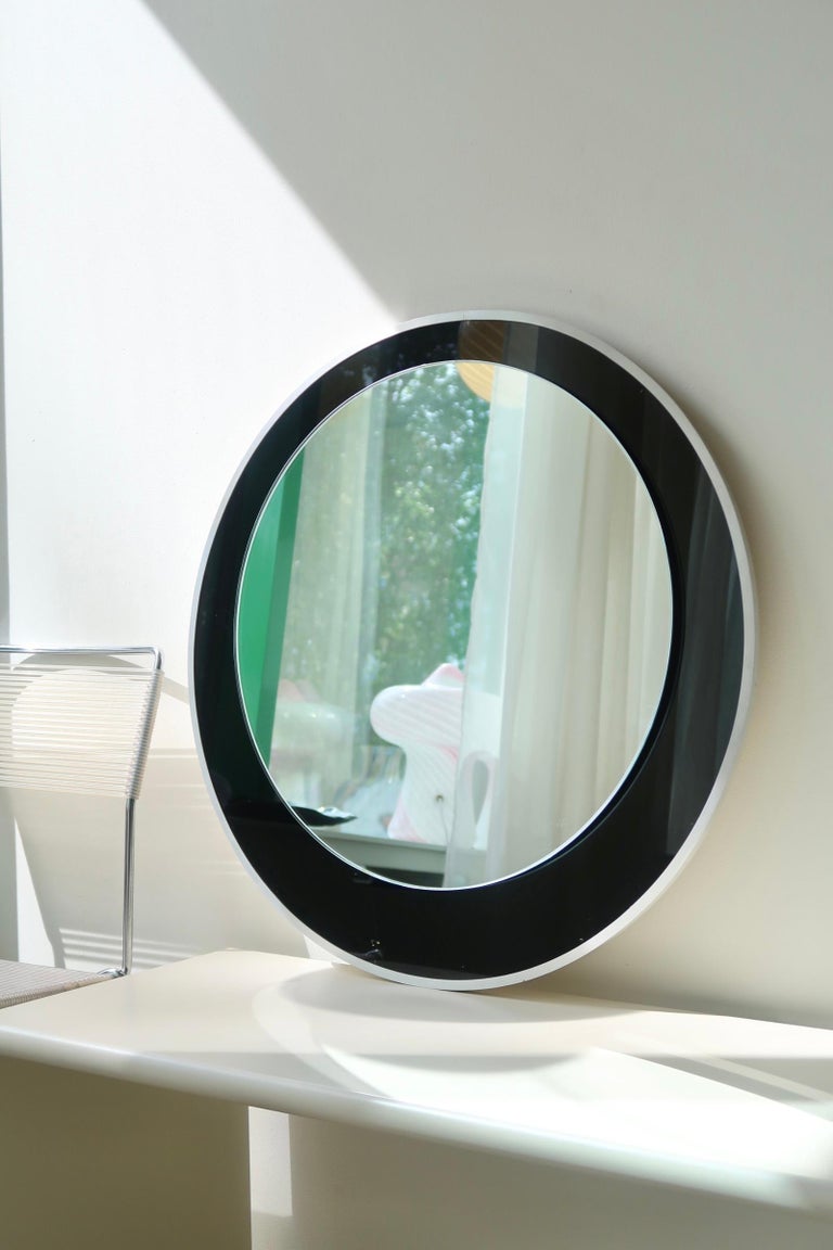 Large Vintage Italian 1970s Black Silver Round Glass Wall Mirror Murano ...
