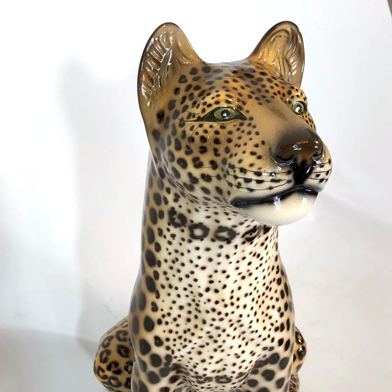Large Vintage Italian ceramic Leopard from 60s. Signed For Sale at 1stDibs