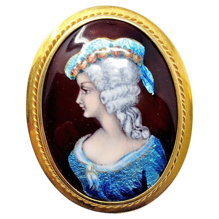 Large Vintage Lady's Enamel Portrait Brooch / Pendant in 14 Karat ...